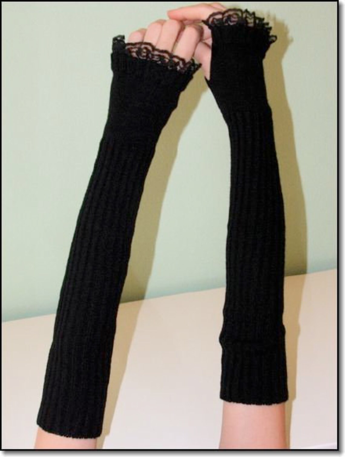LA COQUETTE 19" Long Black Knit Satin Lace Arm Warmers Fingerless ...