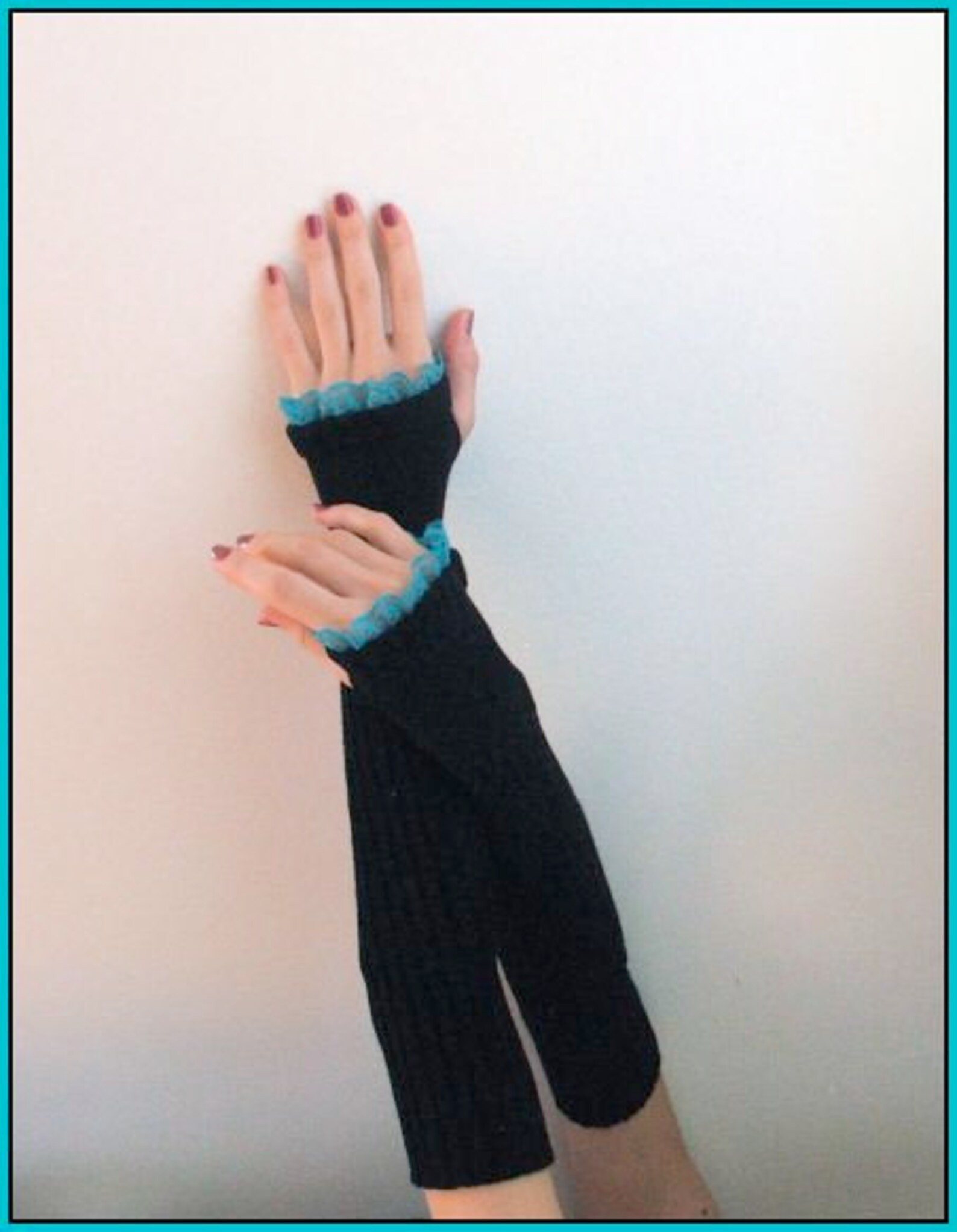 LA COQUETTE 19" Long Black Knit Satin Lace Arm Warmers Fingerless ...