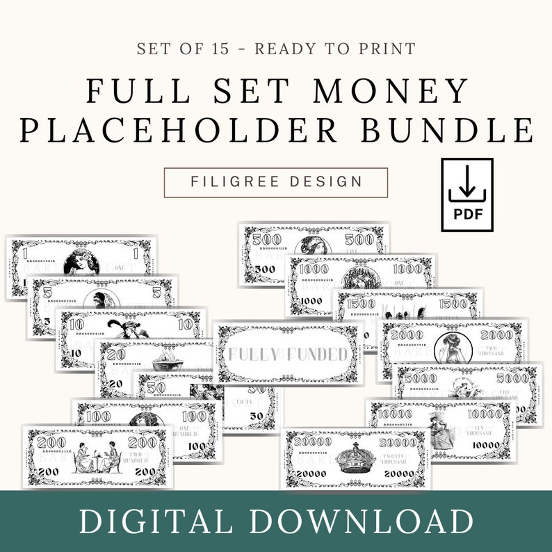 Printable Full Set Money Placeholders Bundle Prop Notes 1 20k and Fully ...