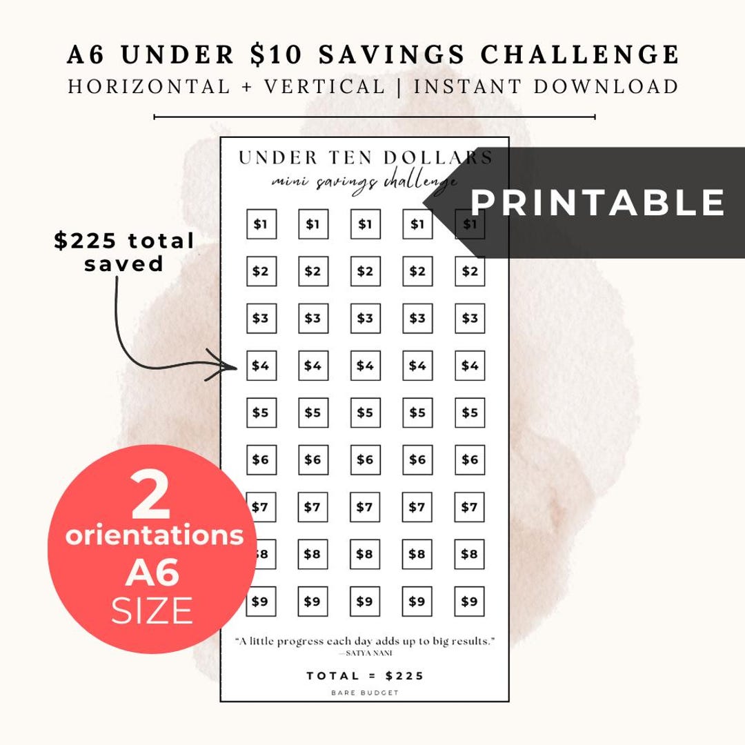 A6 Under 10 Dollars Savings Challenge PDF | Total Saved 225 Budget Goal ...