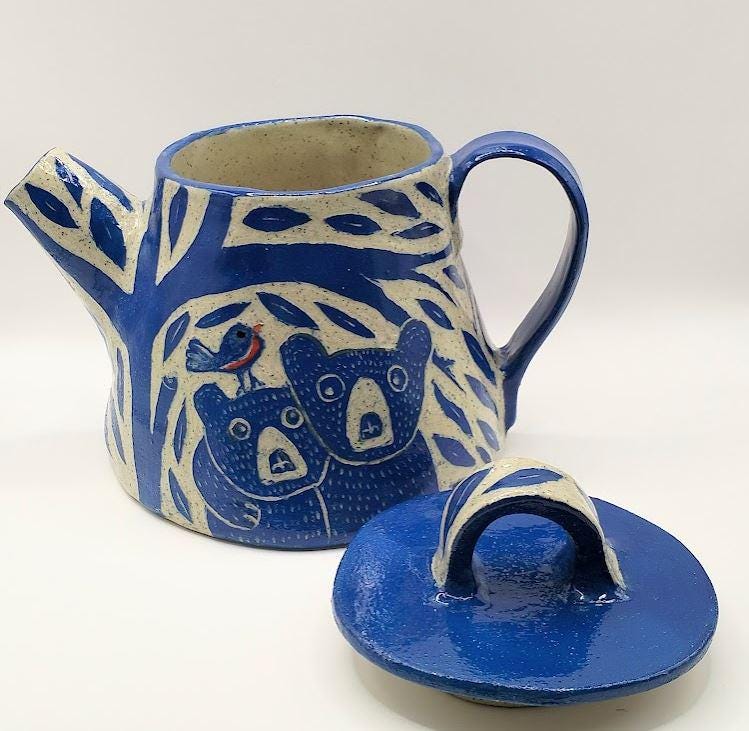 Hand Made Tea Pot, Large Capacity, Stoneware, Ceramic, Bear Hug Design ...