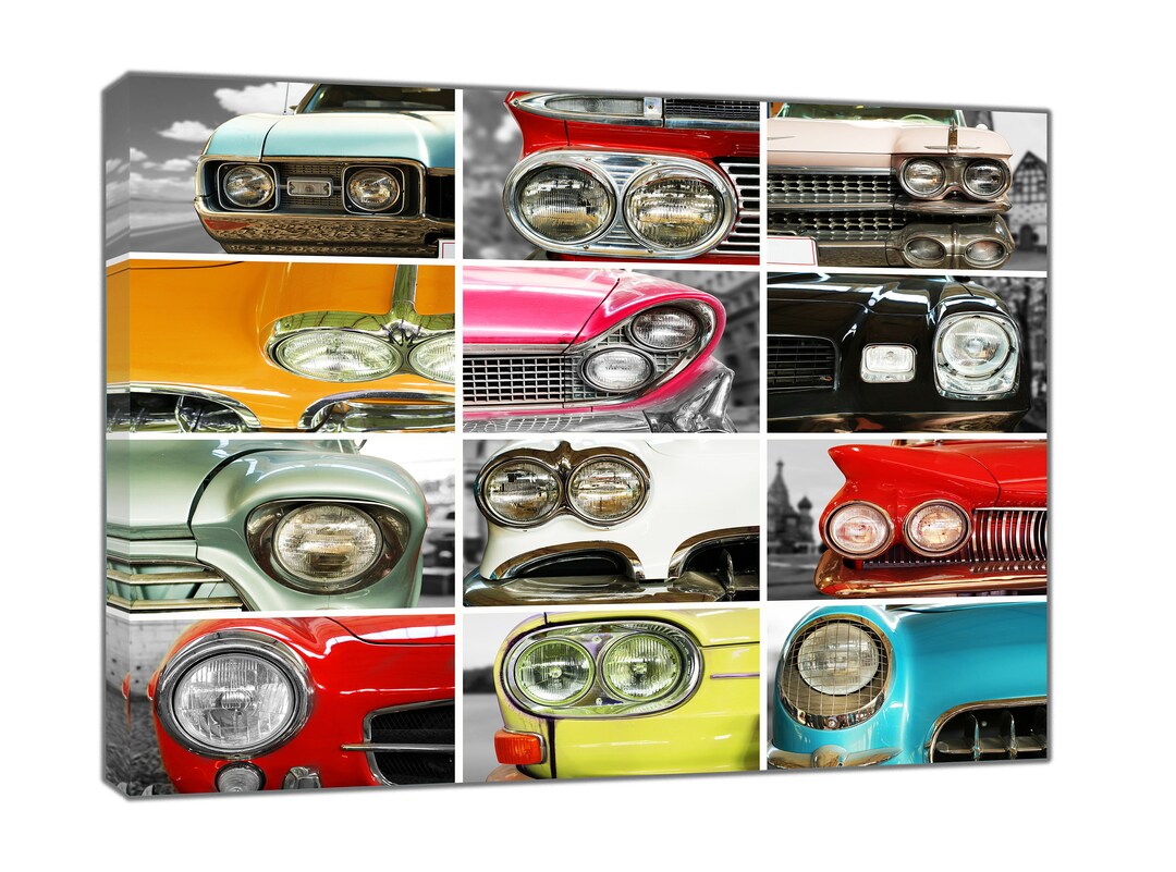 Vintage Colourful Cars Picture Print Framed Canvas Wall Art Decoration ...