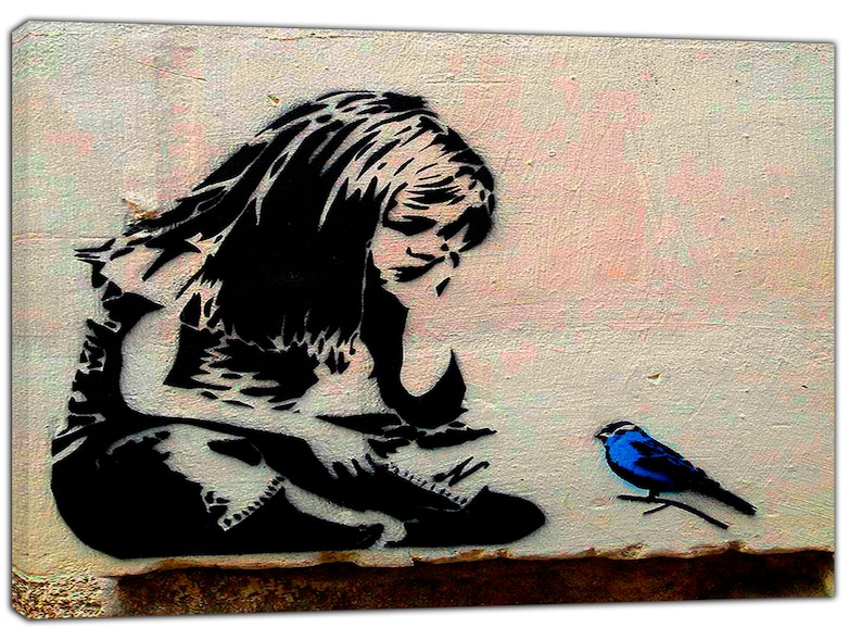 Banksy Girl With Blue Bird Art Reprint on Framed Canvas Wall Art Home ...