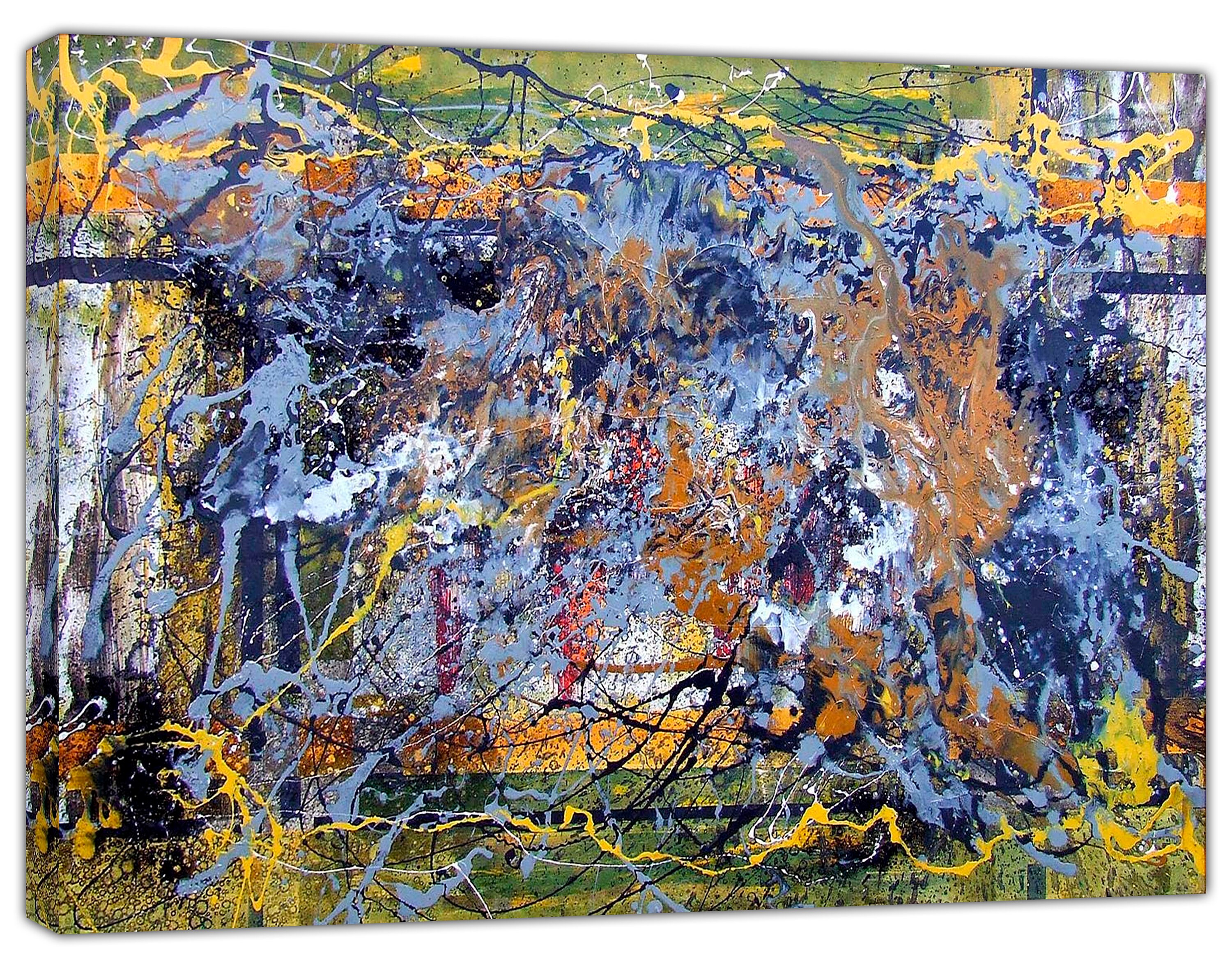 Jackson Pollock Style Blue Yellow Abstract Oil Paint Reprint on Framed ...