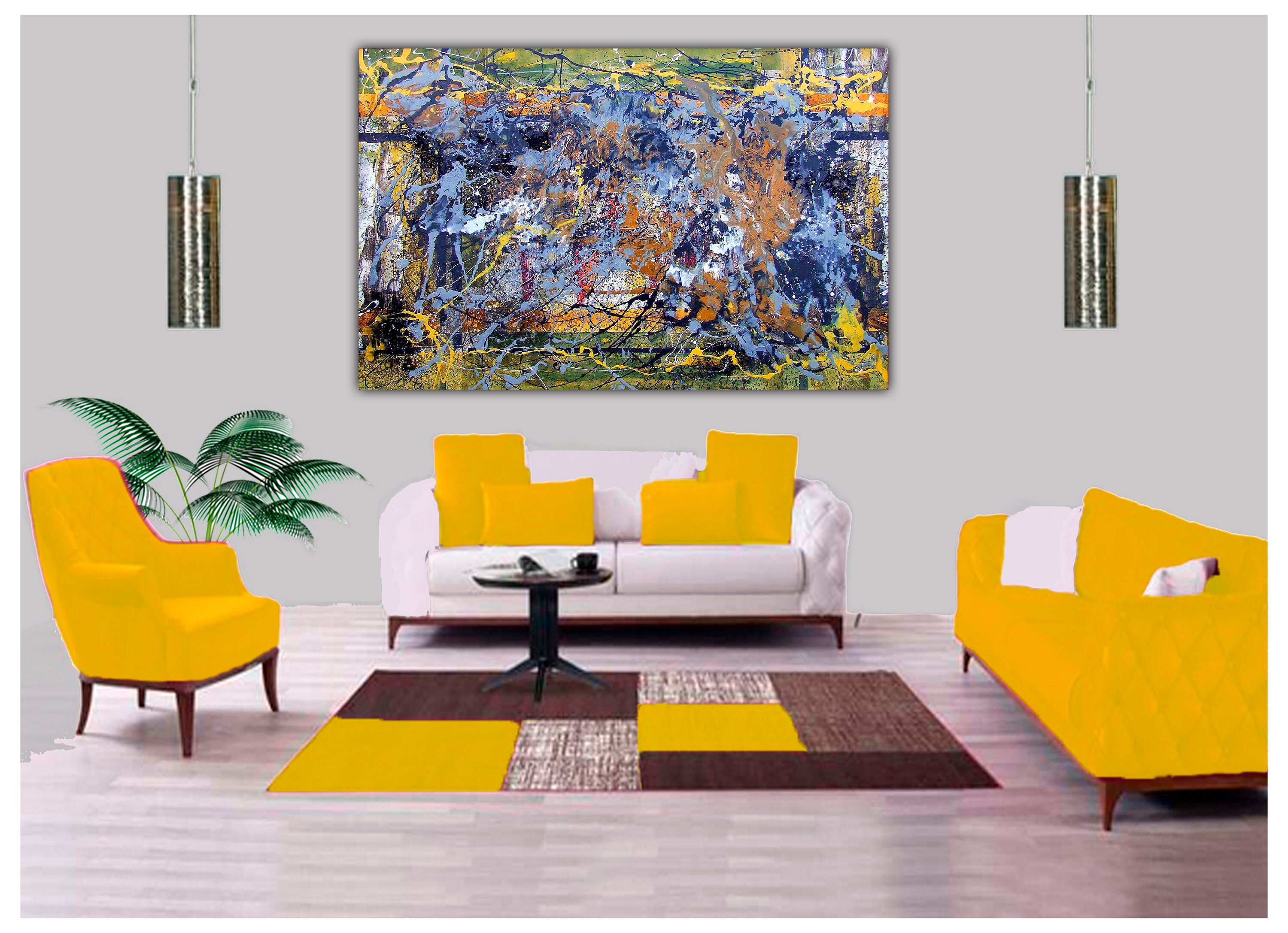 Jackson Pollock Style Blue Yellow Abstract Oil Paint Reprint on Framed ...