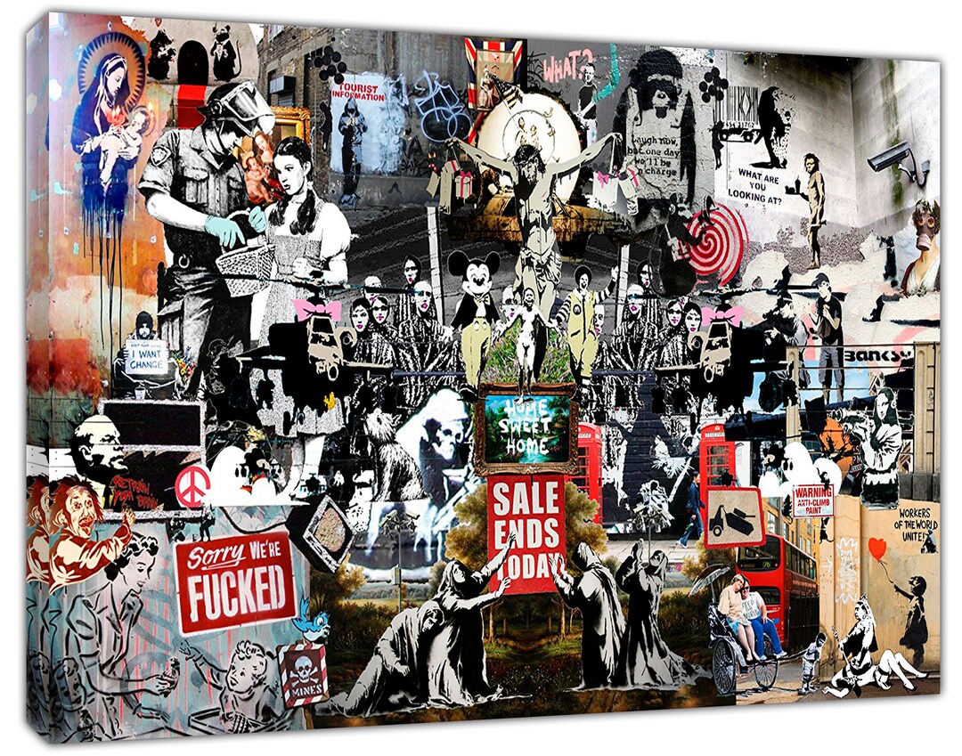 BANKSY Collage the Best Collection Print on Framed Canvas Wall Art Home ...