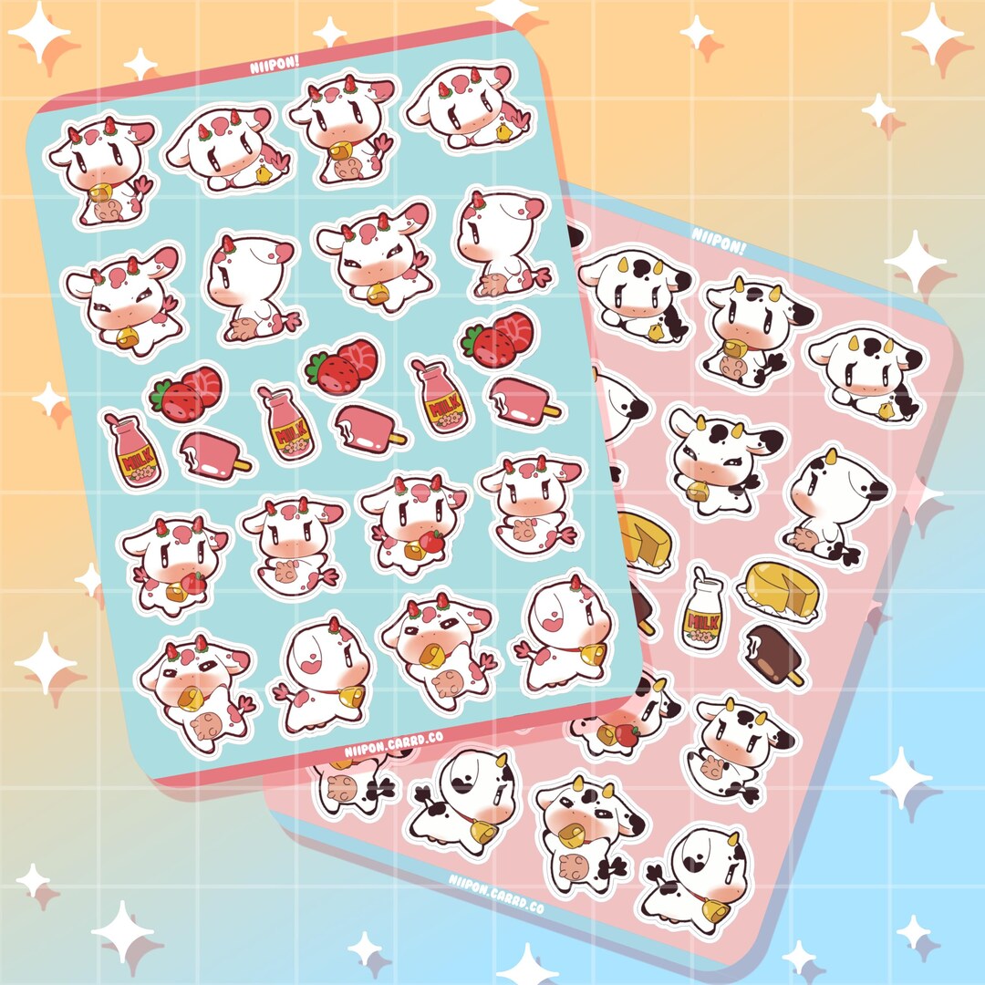Cute Cow Glossy Sticker Sheet, Strawberry Cow, Vinyl Sticker, Milk ...