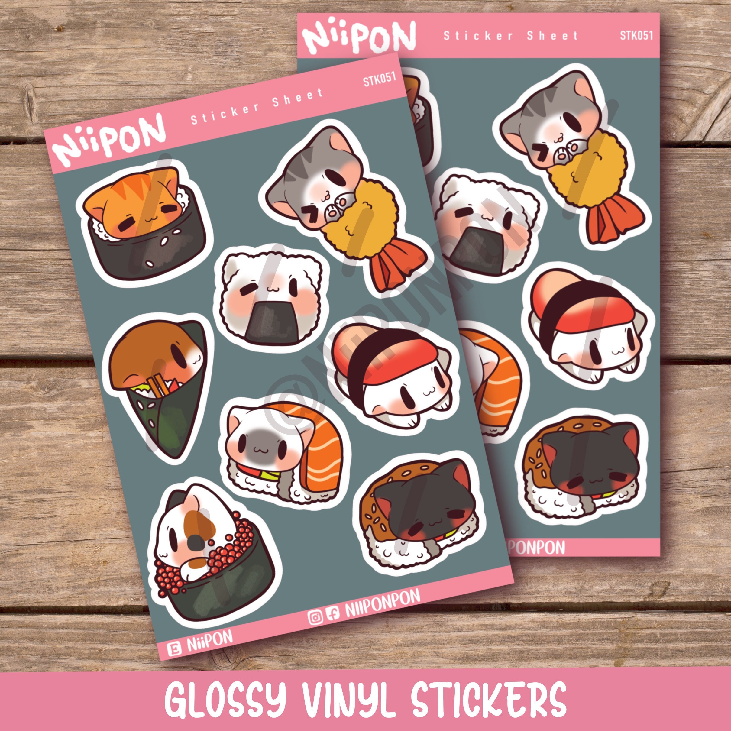 Sushi Cat Vinyl Stickers, Kawaii Sticker, Sticker Sheet, Sticker Pack ...