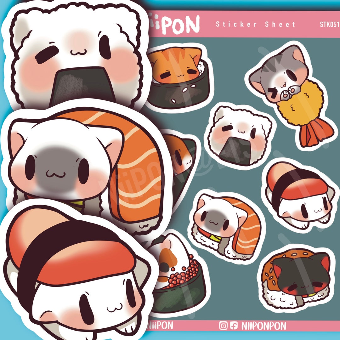 Sushi Cat Vinyl Stickers, Kawaii Sticker, Sticker Sheet, Sticker Pack ...