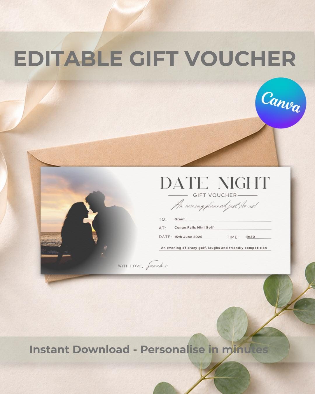 Editable Date Night Voucher, Couples Romantic Gift, Canva Template ...