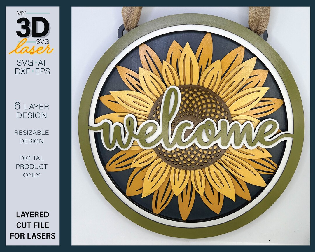 3D Sunflower WELCOME Door Hanger Laser File - DIGITAL FILE for Laser ...