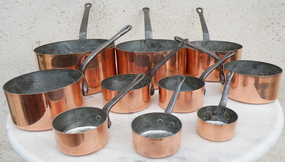 10 X SAUCEPANS. Complete Antique French Copper Sauce Pans. Int Diam 20 ...