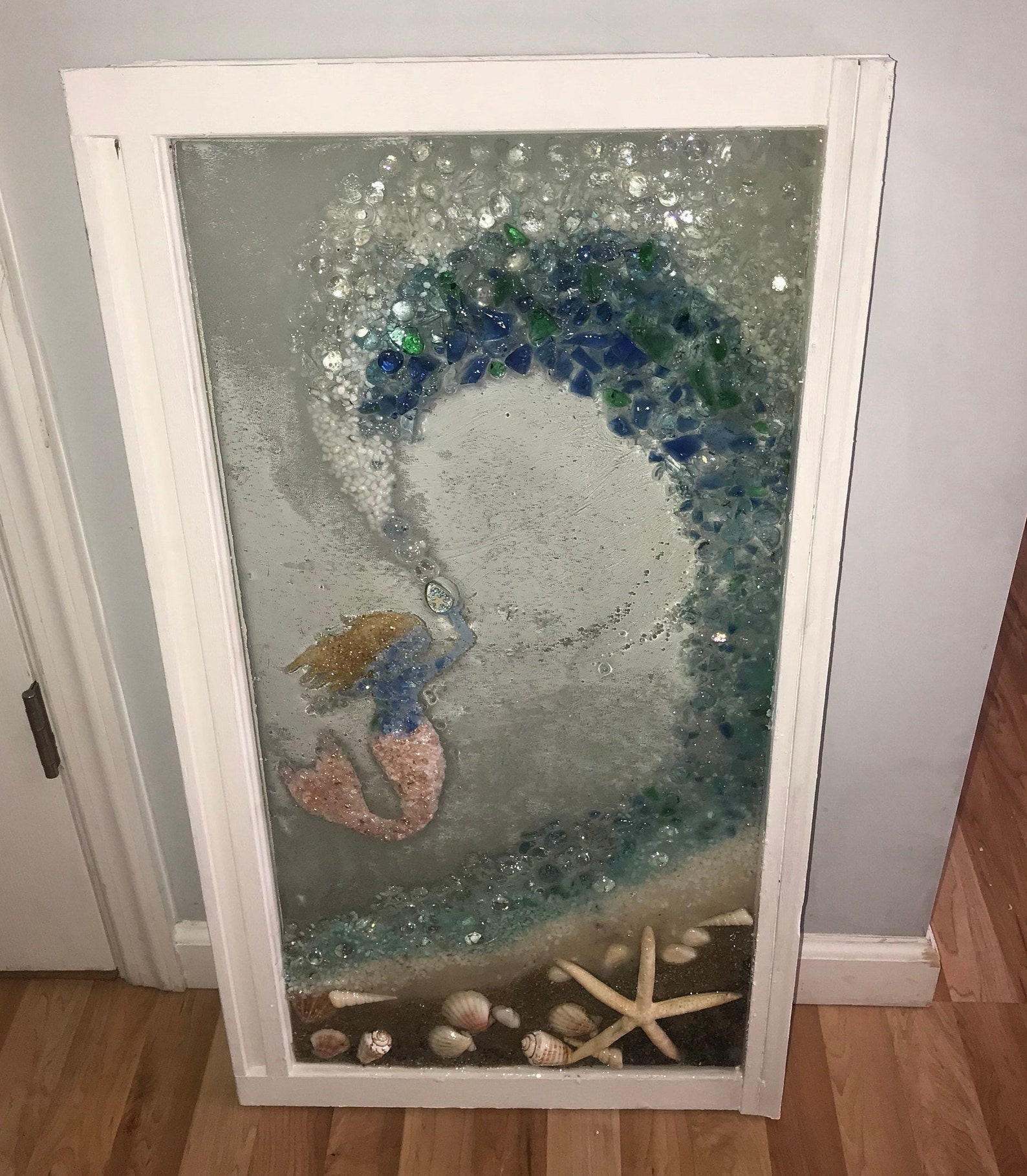 Custom Large Beach Seaglass Window Art With Sea Glass Wave and Mermaid ...