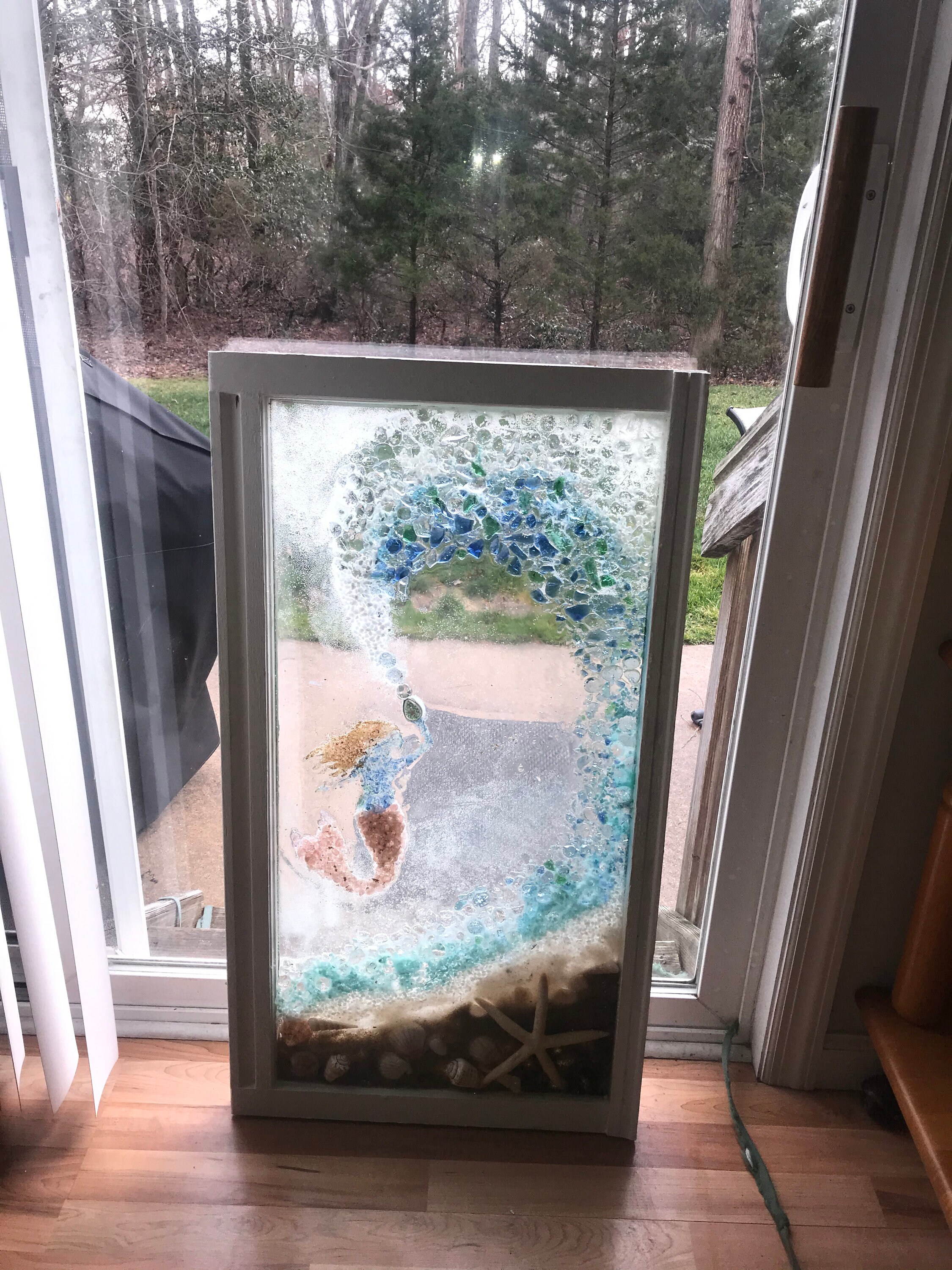 Custom Large Beach Seaglass Window Art With Sea Glass Wave and Mermaid ...