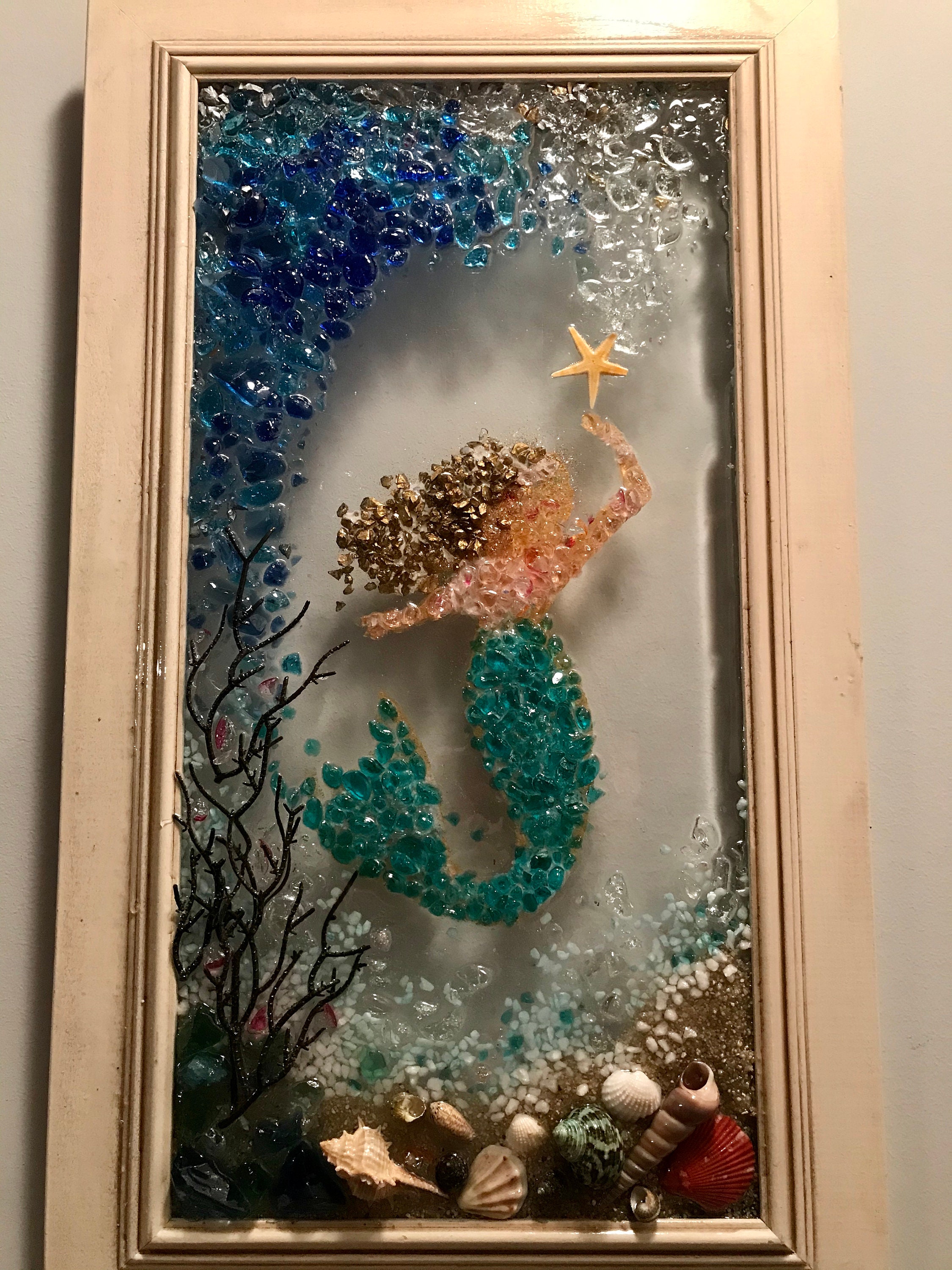 Custom Large Beach Seaglass Window Art With Sea Glass Wave and Mermaid ...