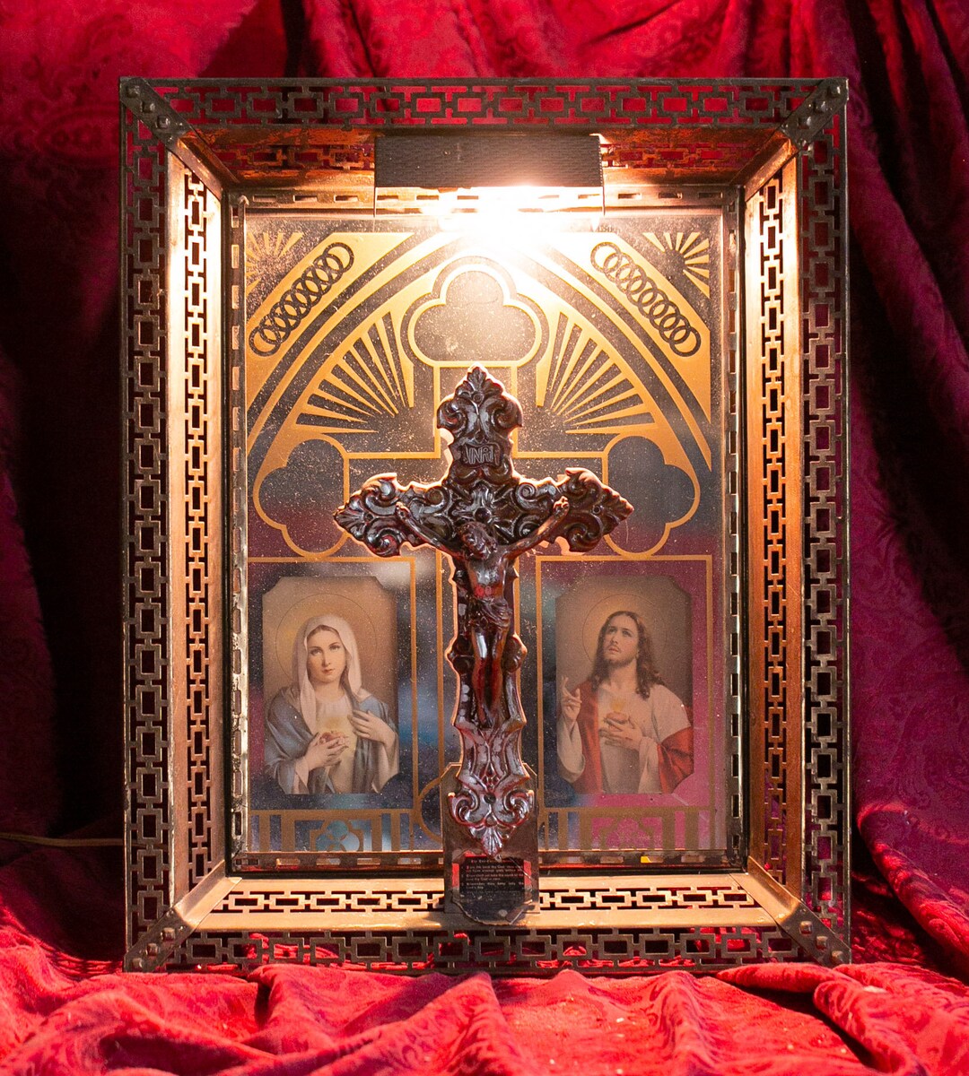 Antique Metal Framed Reverse Painted Mirror Shrine/crucifix & Light - Etsy