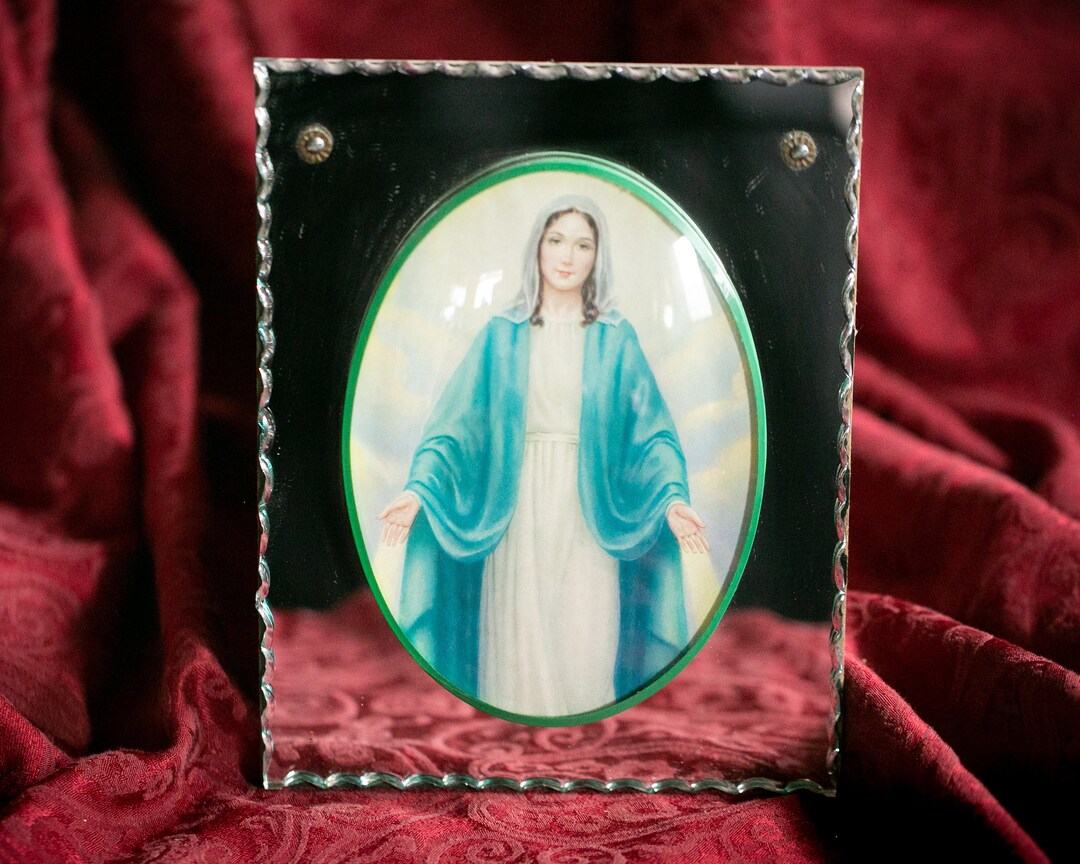 Vintage Print of the Virgin Mary in Convex Glass on Wavy Edged Morror ...