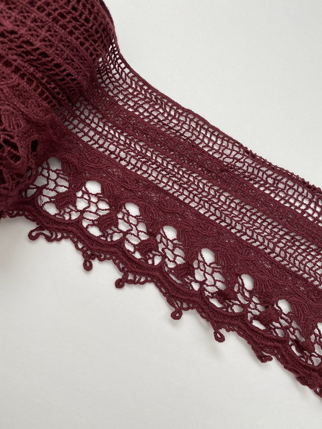 2 Yds of Vintage Cotton Crochet Lace Trim, Burgundy 5” Wide Lace Trim ...