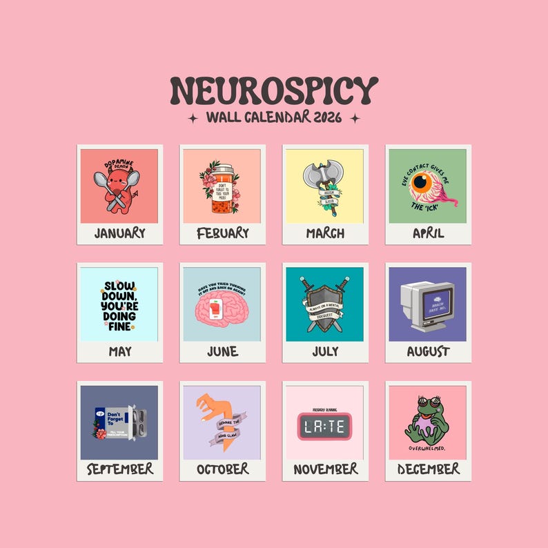 Neurospicy 2026 Wall Calendar, ADHD and Autism Yearly Calendar, Graphic ...