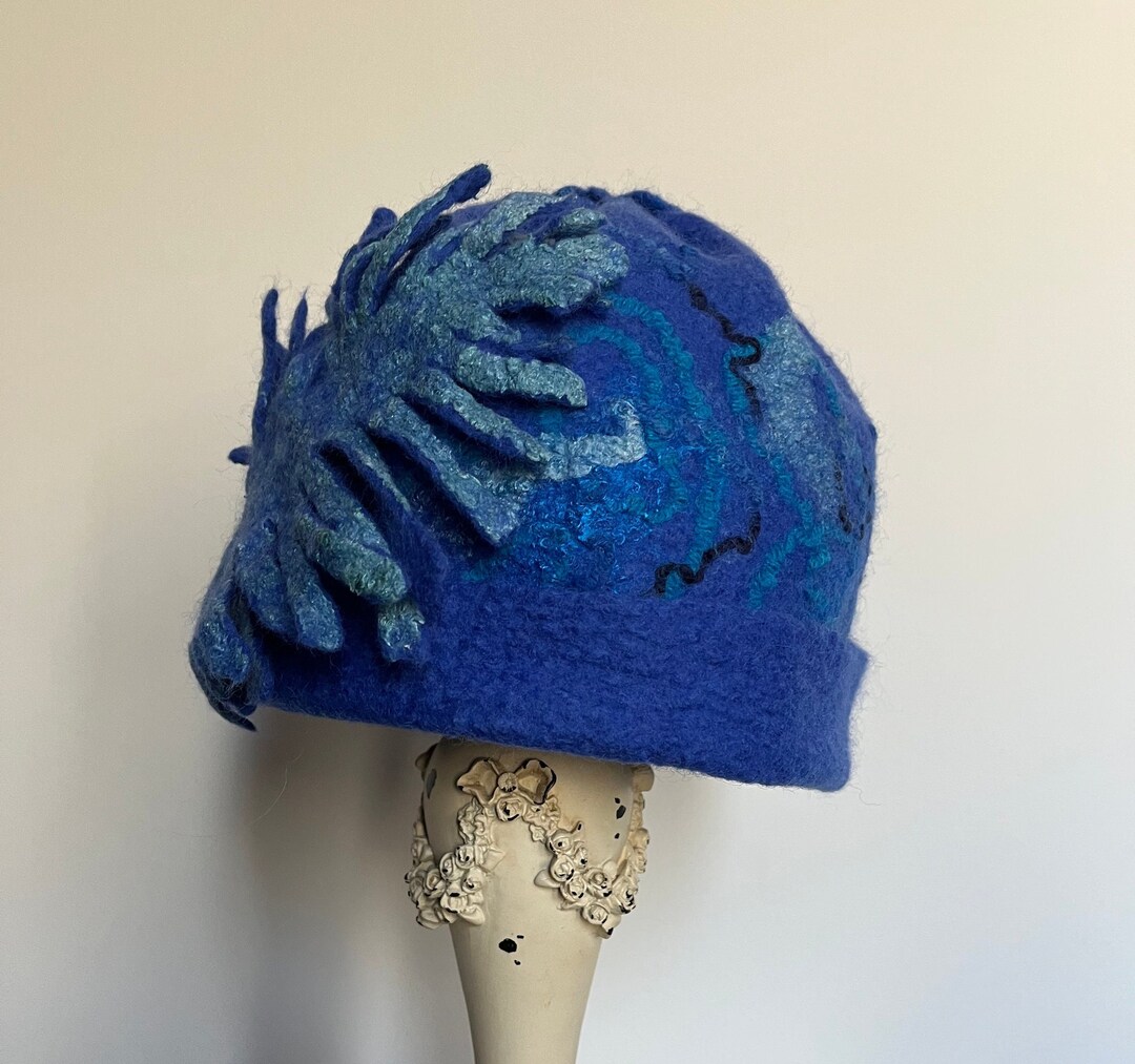 Blue Felt Wool Beaniehandmade Hat With a Large Featherwarm - Etsy