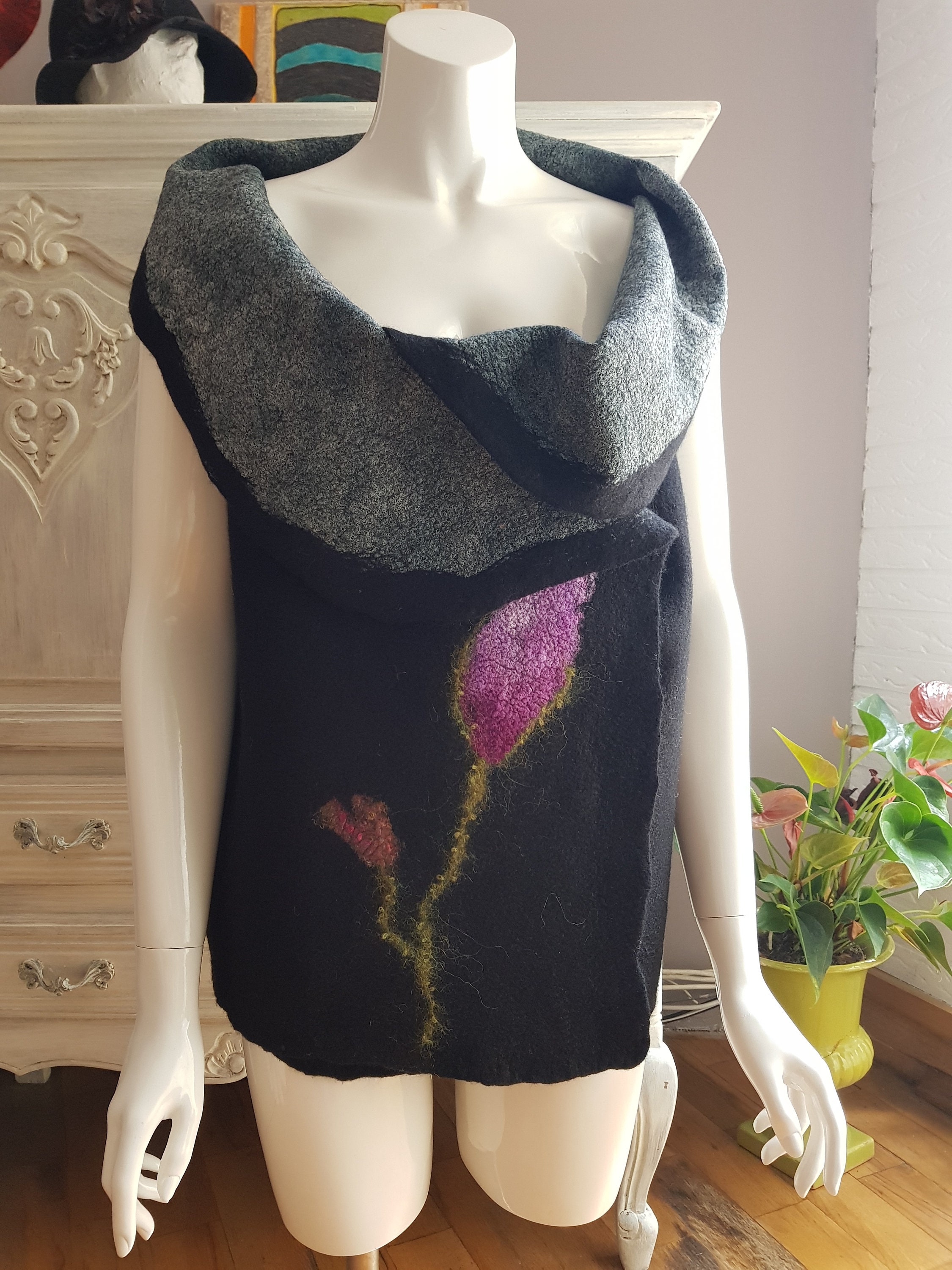 Felted Floral Vest Woman Vest Art Vest Accessory Winter Fall Wool Vest ...