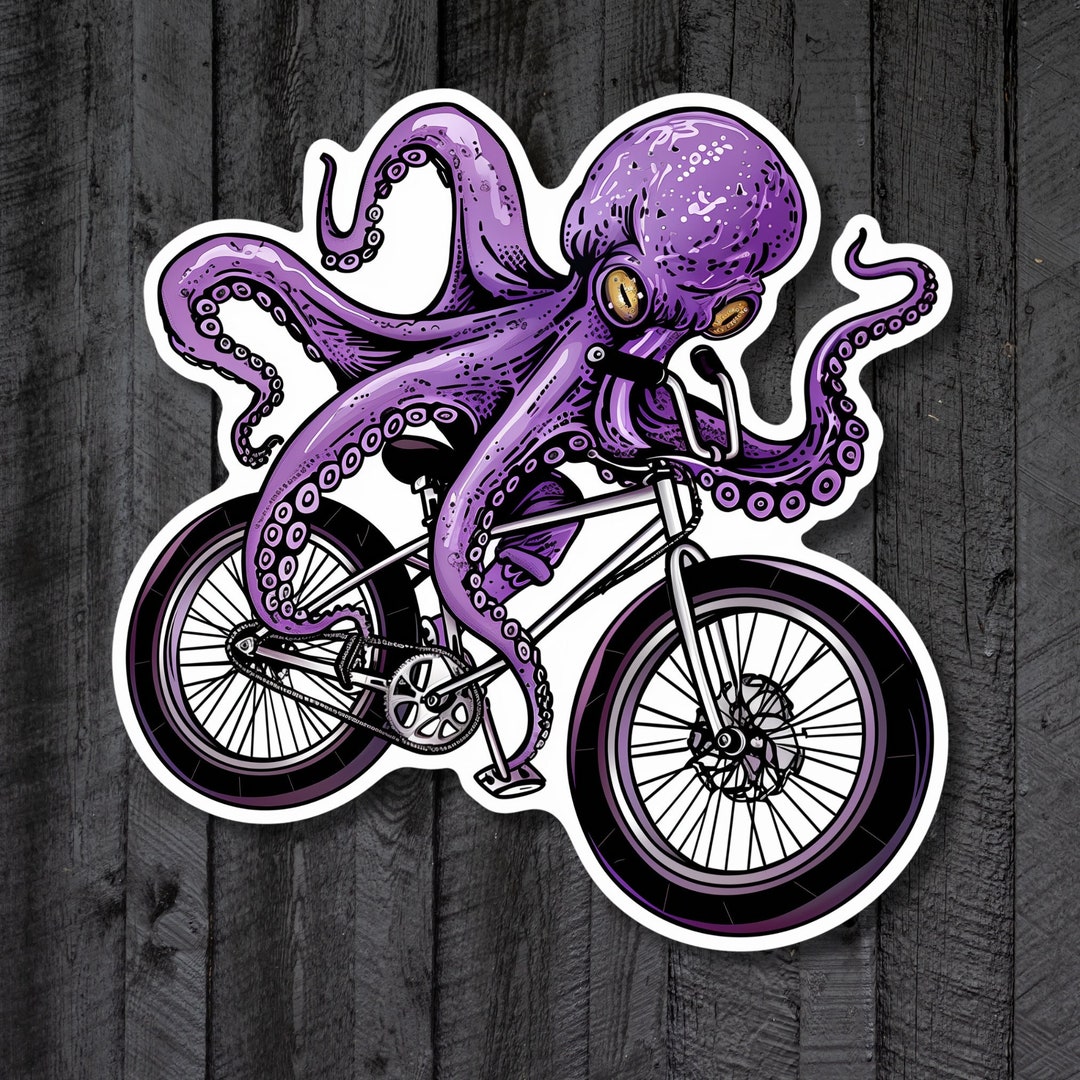 Octopus Riding a Bike, Single Die Cut Vinyl Sticker Decal for Laptops ...