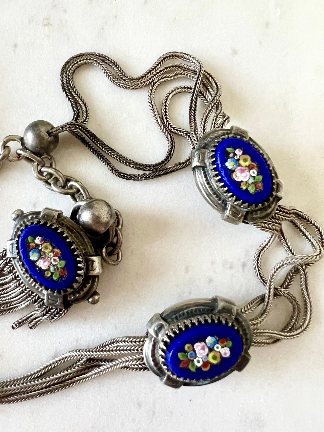 Antique French Solid Silver Long Chatelaine Slide Chain Necklace | Blue ...