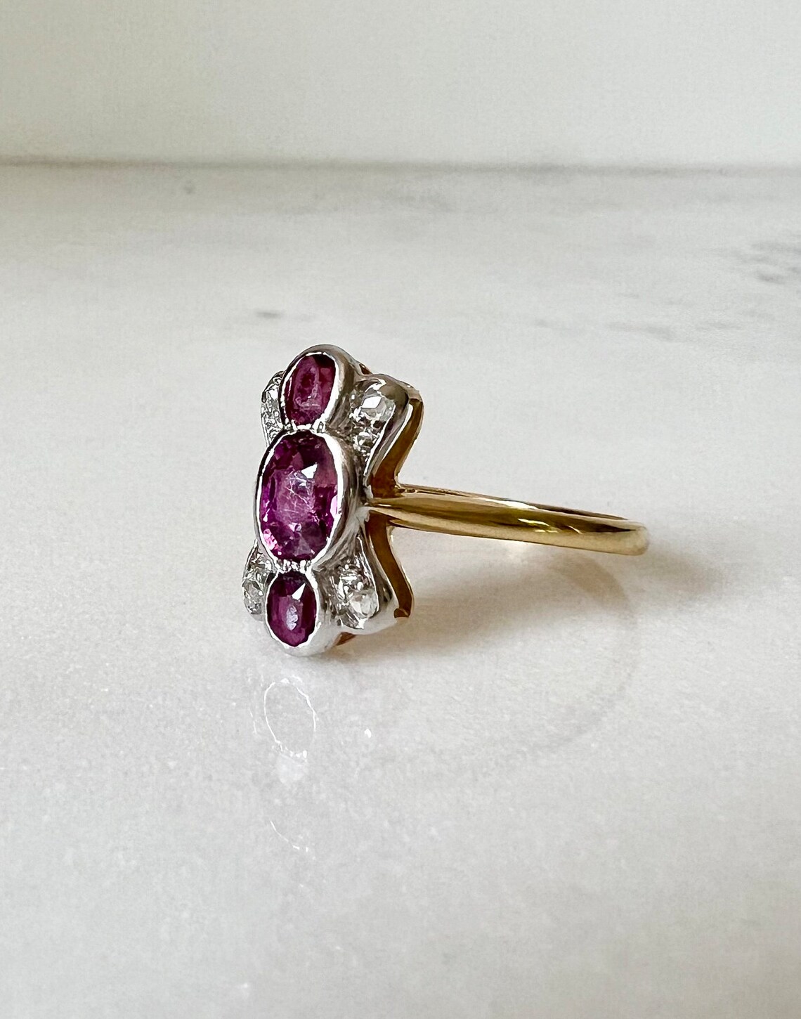 Antique Art Deco Ruby & Diamond Panel Ring Solid 18k 18ct Yellow Gold ...