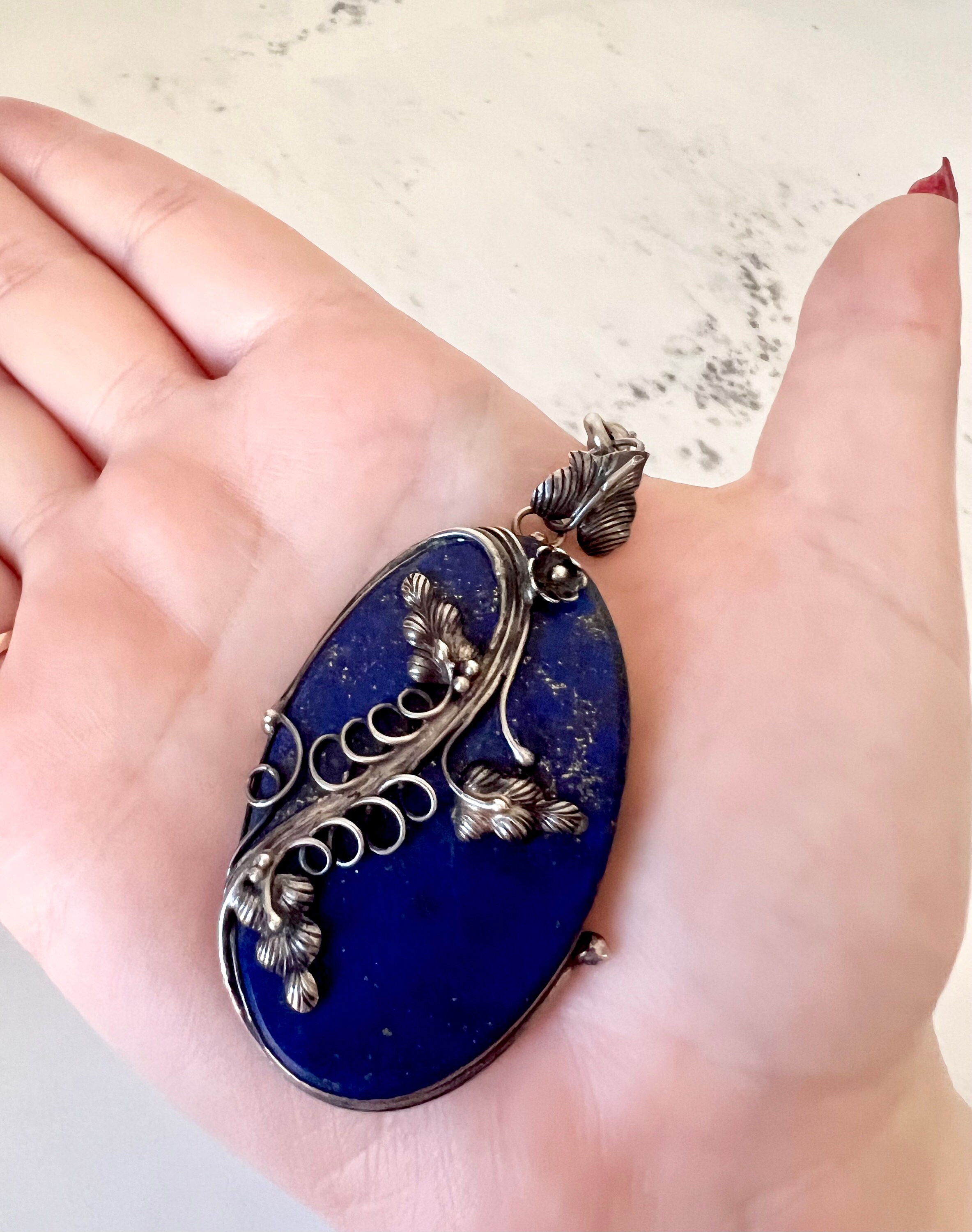 Antique Large Blue Lapis Lazuli Solid Silver Pendant Arts & Crafts ...