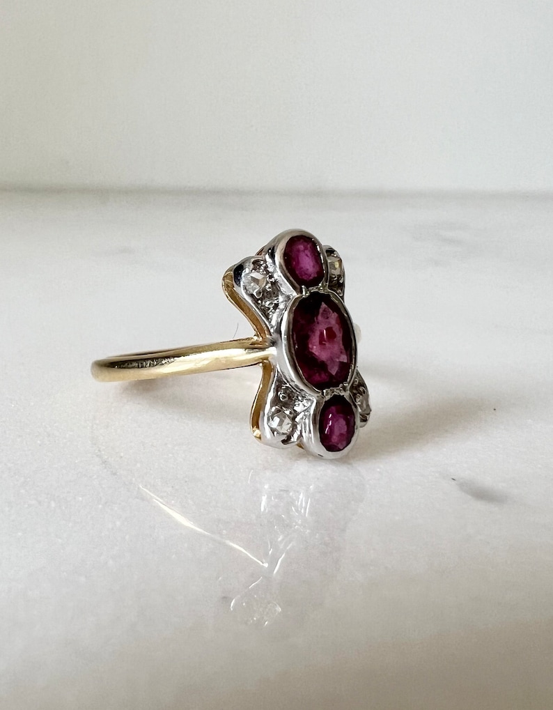 Antique Art Deco Ruby & Diamond Panel Ring Solid 18k 18ct Yellow Gold ...