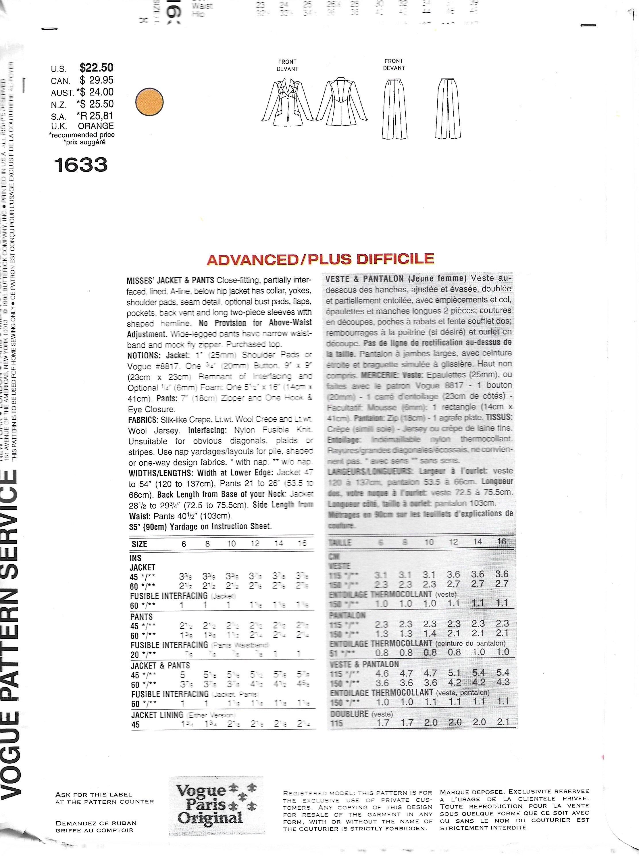 Lagerfeld UNCUT Vogue Paris Sewing Pattern 1633 Size 8 Vintage 90s ...