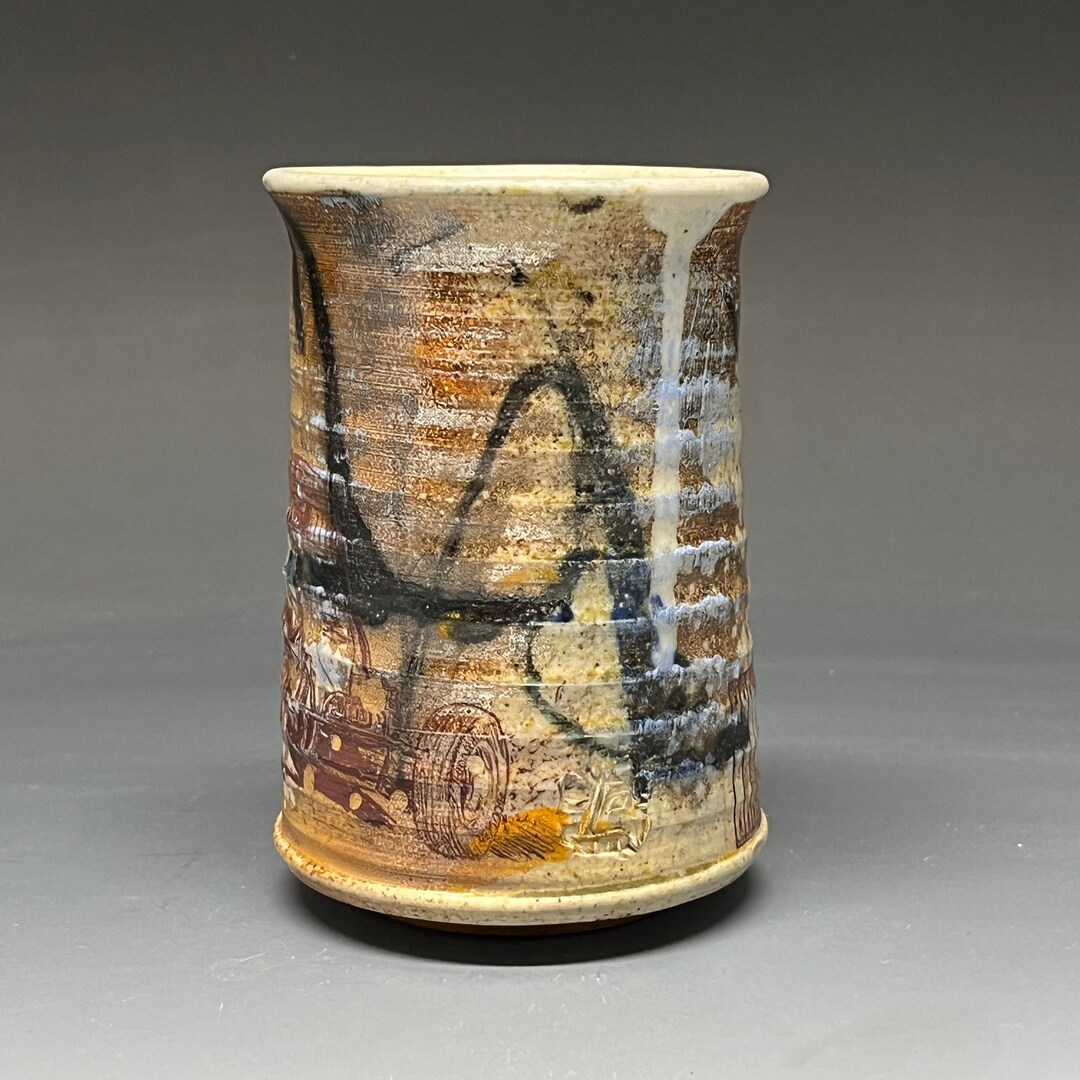 Handmade Wheel Thrown Wood Fired Salt Glazed Cup With Decal Collage - Etsy