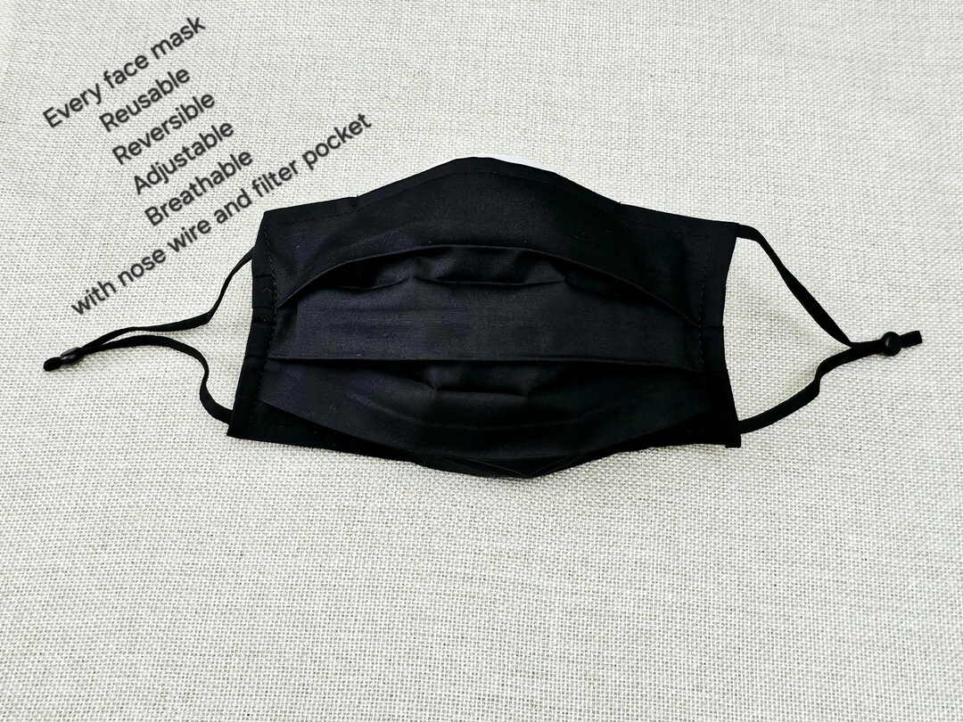 Face Mask Black Cotton Fabric Pleated Face Masks Adjustable Washable ...