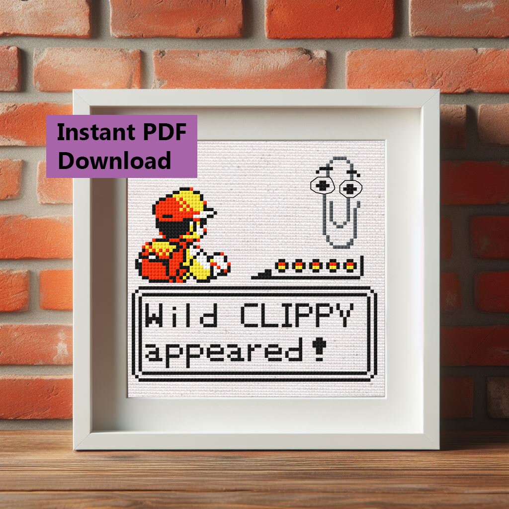 Wild Clippy Appeared Crossstitch Pattern DIY Retro Videogame Paperclip ...