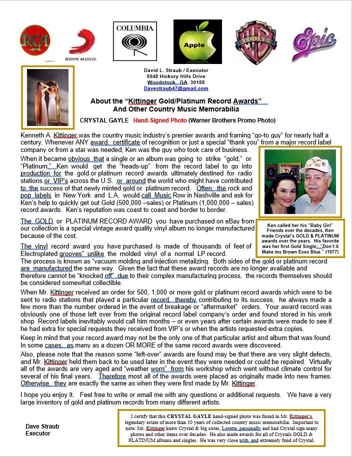 Crystal Gayle Hand Signed RARE Photo W/coa - Etsy