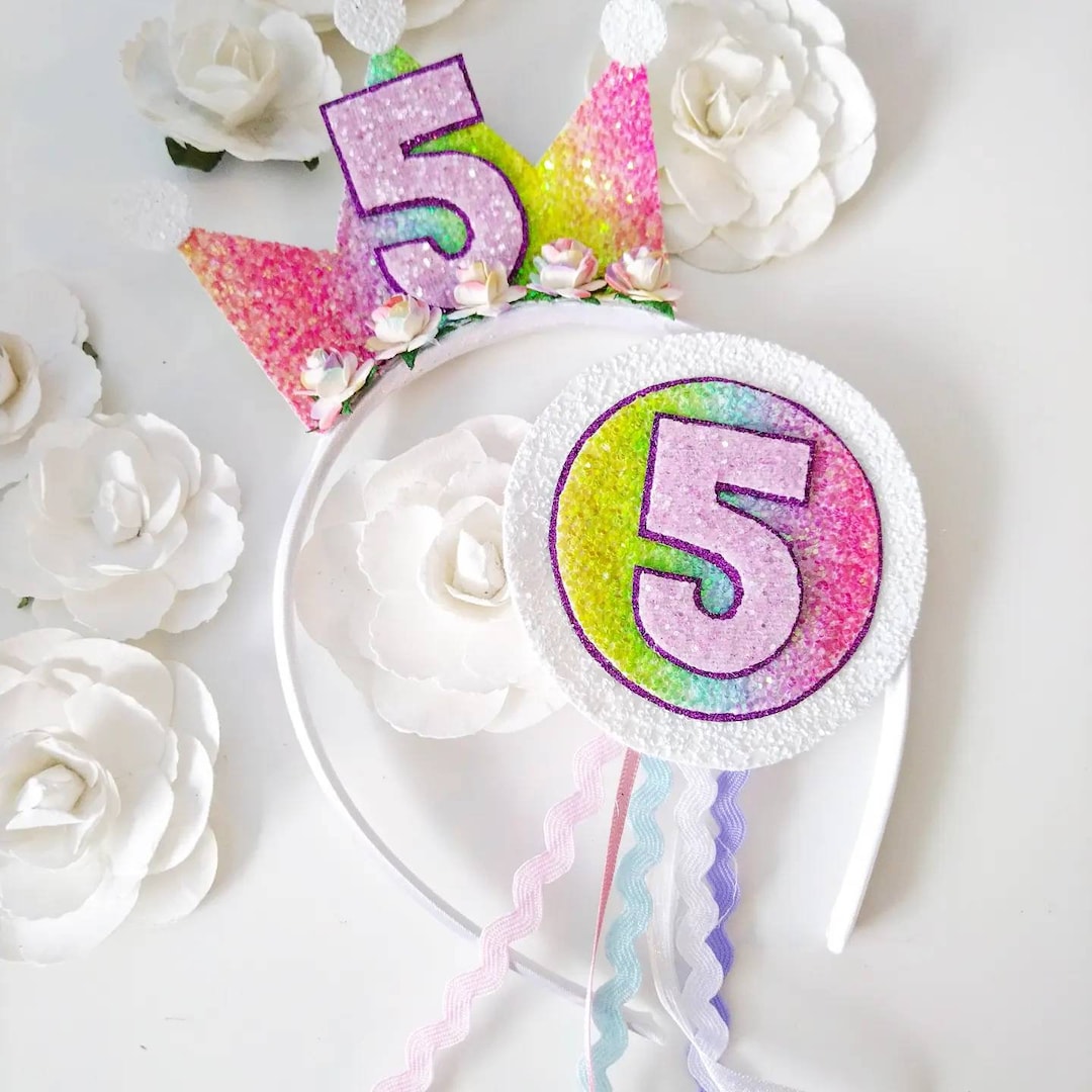 Girls Bright Rainbow Birthday Crown Headband, Crown and Badge Set ...