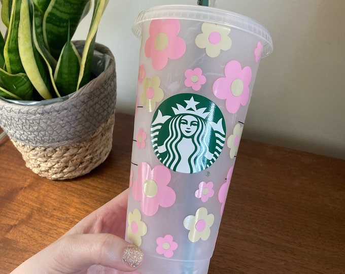Retro Flowers Starbucks Cup Pink Flowers Cold Cup 70s - Etsy