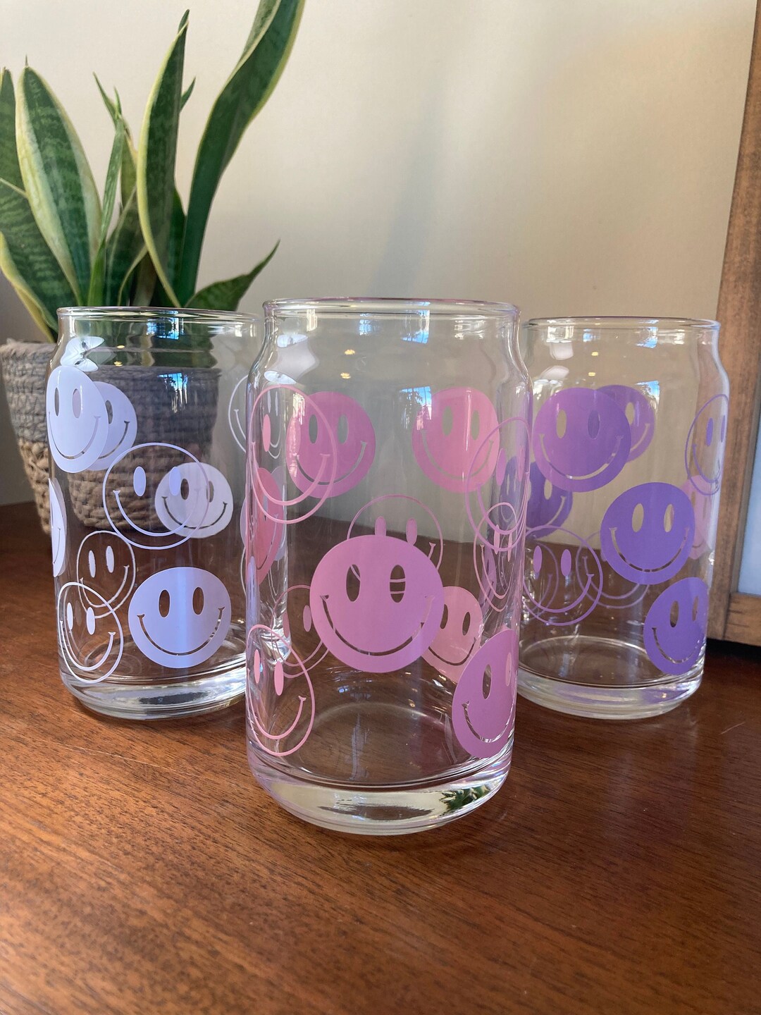 Smiley Glass Cup, Pink Smiley, Purple Smiley, Coffee Glass Cup With ...