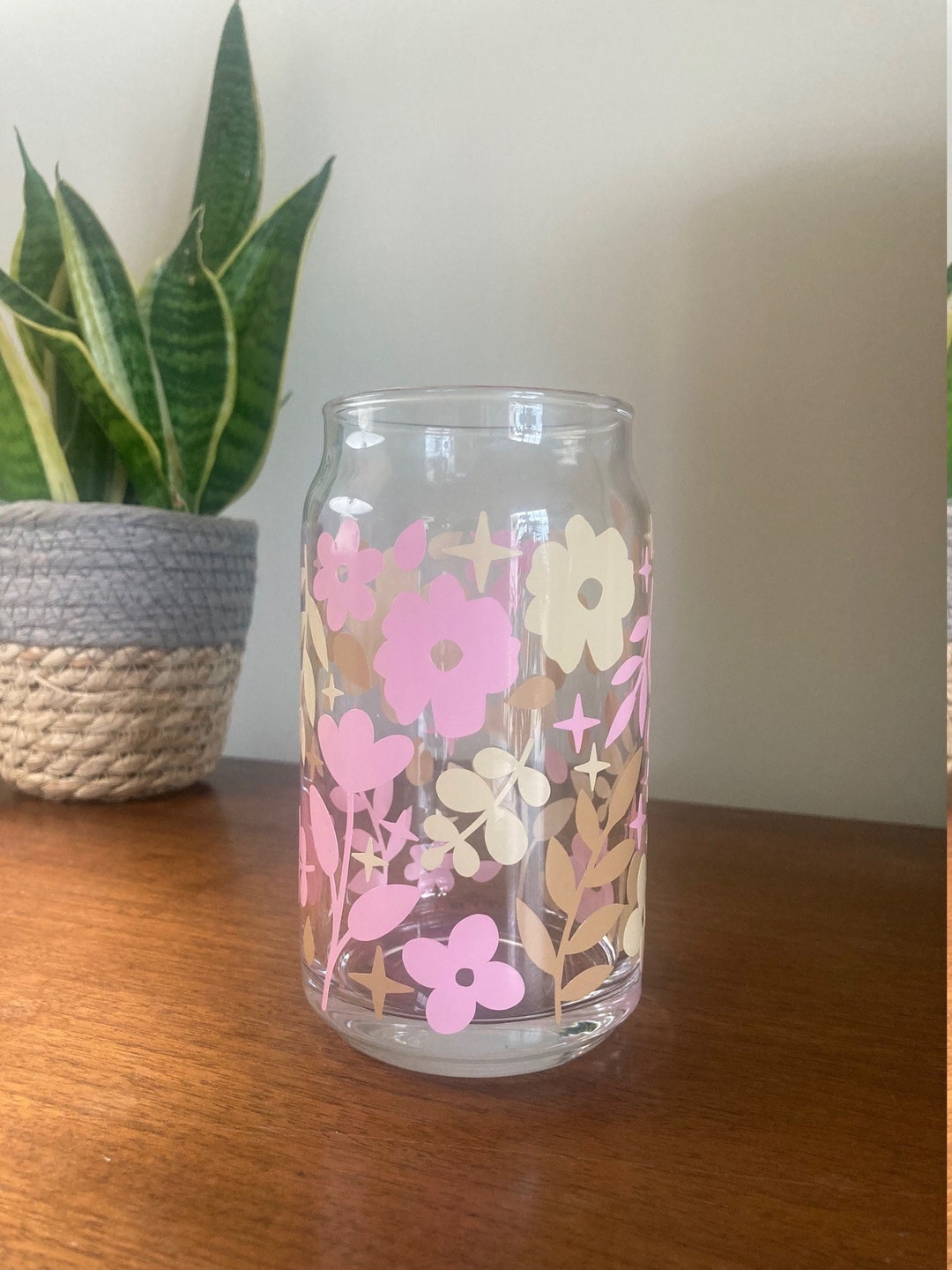 Floral Cup, Flowers Glass Cup, Coffee Glass Cup With Bamboo Lid and ...