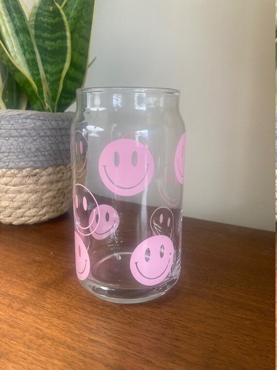 Pink Smiley Glass Cup Coffee Glass Cup With Bamboo Lid and - Etsy