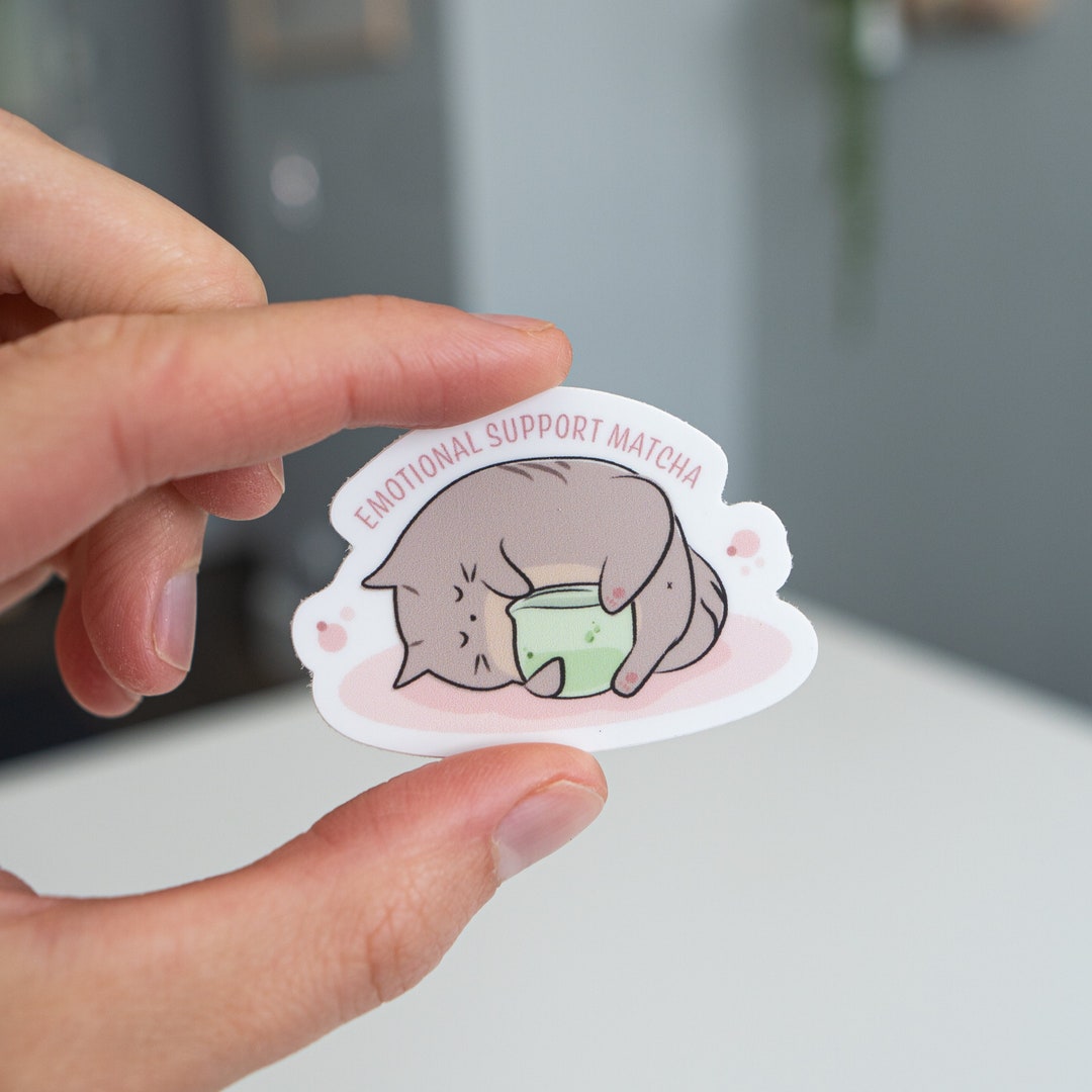 Cat Matcha Vinyl Sticker Illustration, Emotional Support Matcha, Green ...