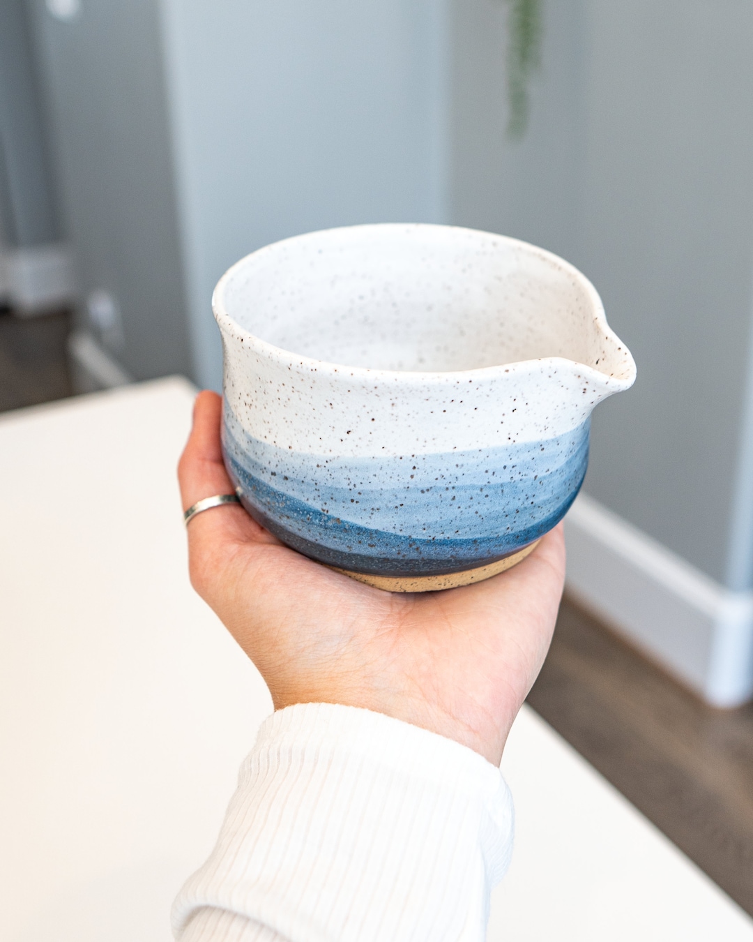Ceramic Matcha Bowl With Spout, Speckled Blue and White, Bowl With ...
