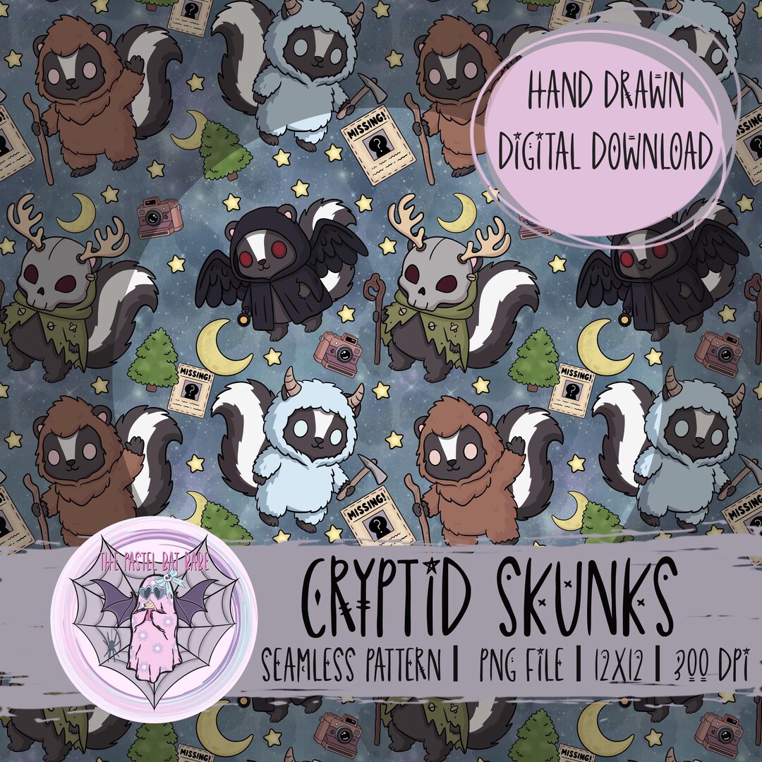 Cryptid Skunks Blue Version Seamless File, Hand Drawn, 300 Dpi, Instant ...