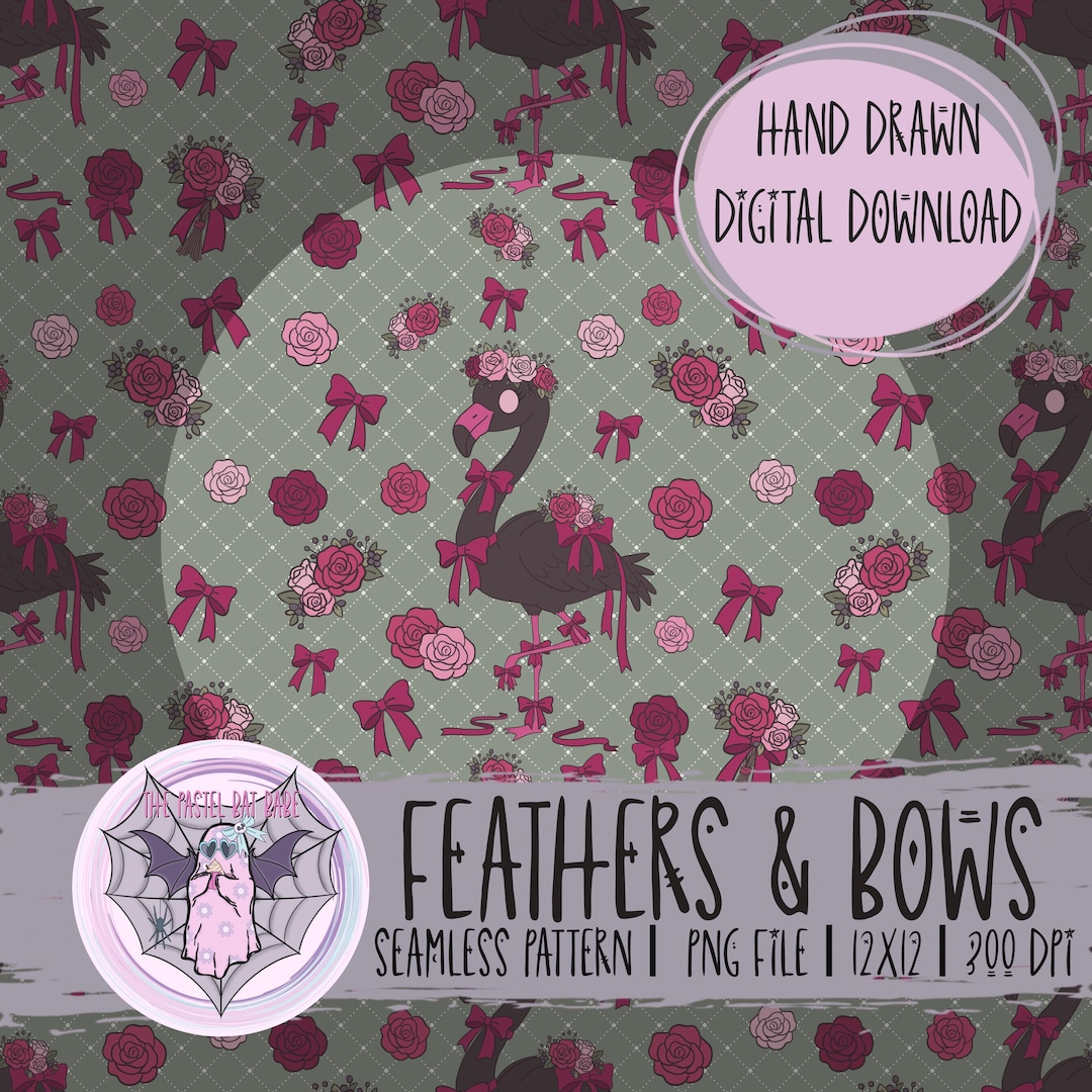 Coquette Goth Flamingo Seamless Pattern, Flowers and Bows (digital ...