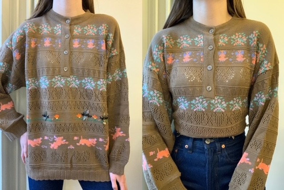 Vintage 1980s NEW Deadstock Brown Knitted Sweater Jumper With Flower ...