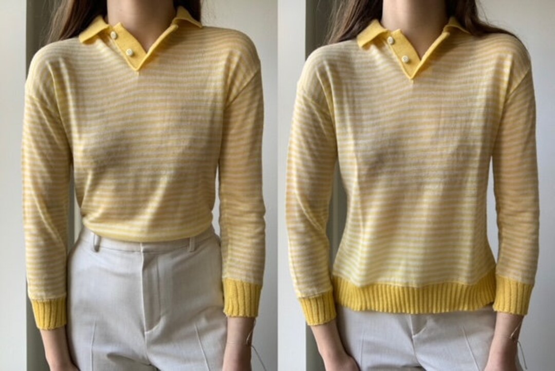 Vintage 1970s Italian Yellow White Striped Polo Style Summer Top With ...