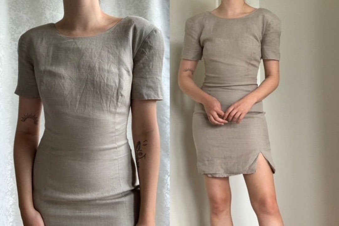 Vintage 1980s Linen Classic Short Cocktail Dress With Shoulder Padding ...