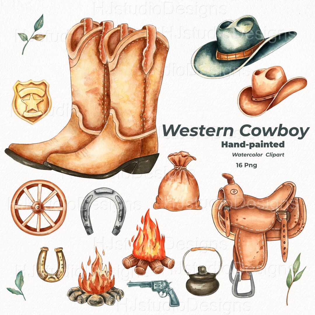 Watercolor Western Cowboy Clipart Bundle / Hand-painted Rustic Wild ...