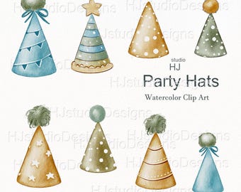 Watercolor Party Hats Clipart, Birthday Hats Clipart, Rainbow Clipart ...