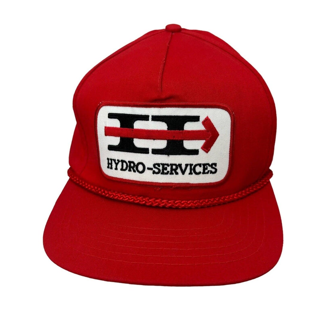 Vintage Hat Cap Red HYDRO SERVICES Patch Rope Brim Leather Strapback ...